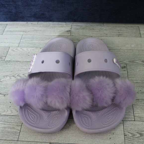 CROCS | Shoes | Crocs Classic Fur Sure Sandals With Puffs Lavender Size ...